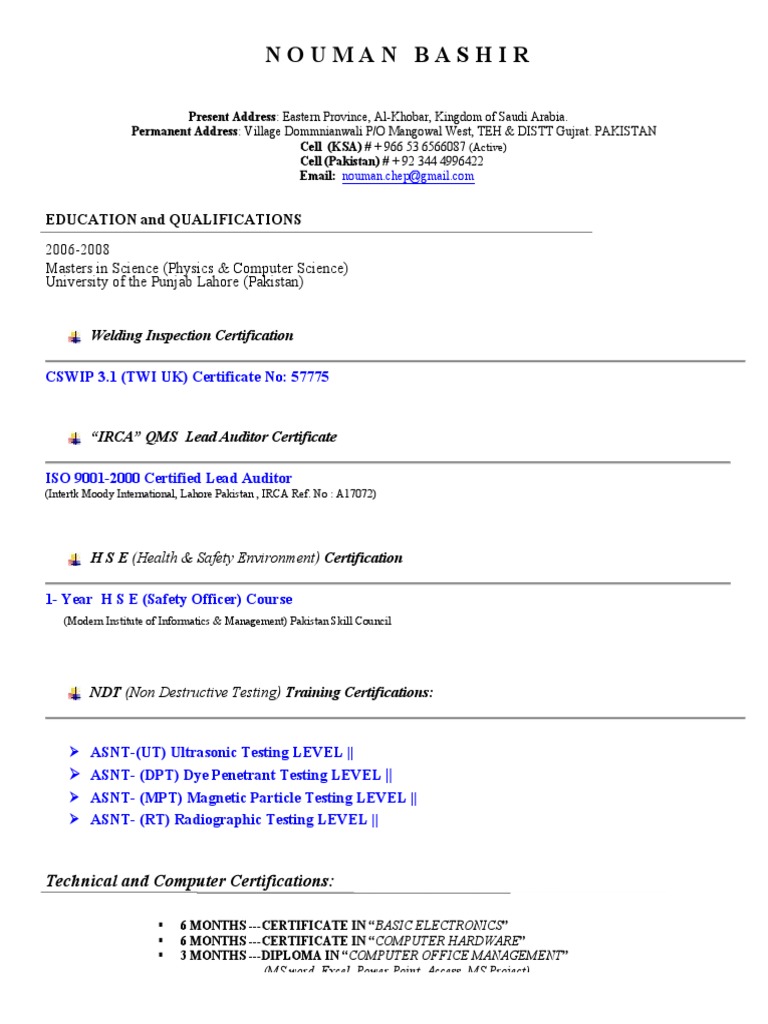 Nouman Bashir CV (Updated Aug-2015) | PDF | Specification (Technical Standard) | Boiler