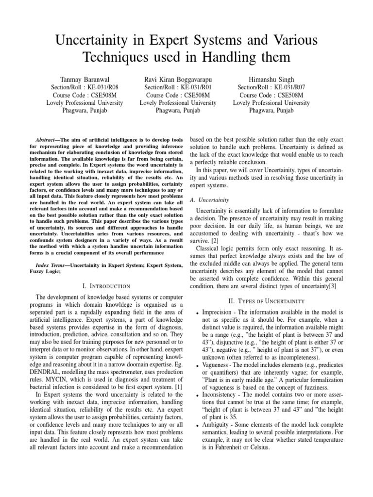 Uncertainty in Expert Systems | PDF | Uncertainty | Vagueness