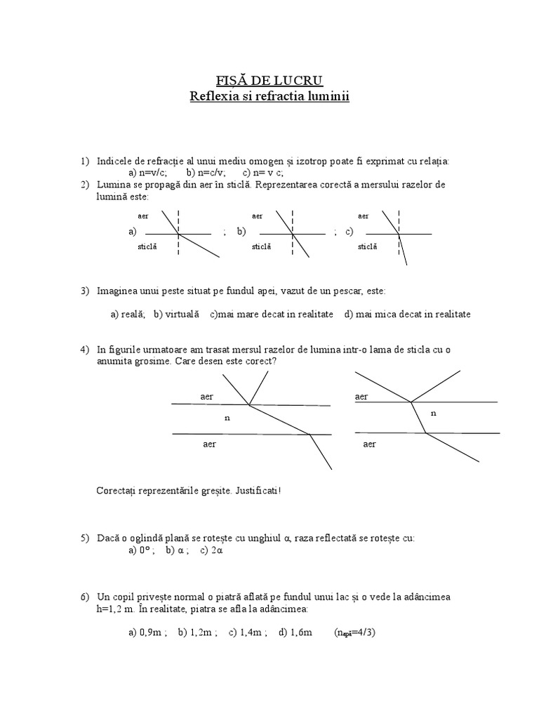 FISA DE LUCRU-Reflexie Totala Si Refractie-Experimente | PDF ...