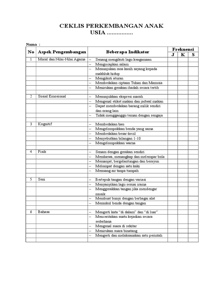 Ceklis Perkembangan Anak Paud | PDF