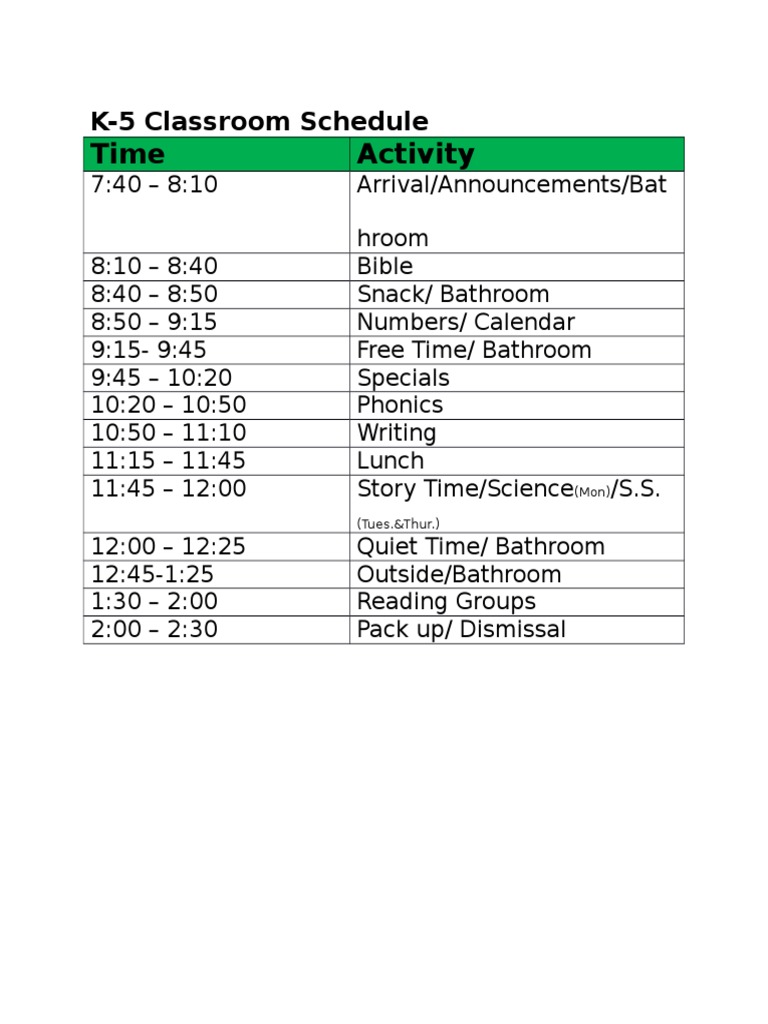 k5 Schedule | PDF | Language Arts & Discipline