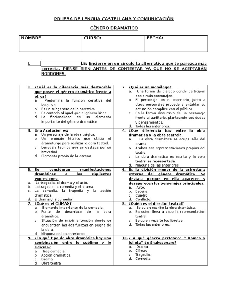 Prueba de Género Dramático | PDF | Edipo | Teatro