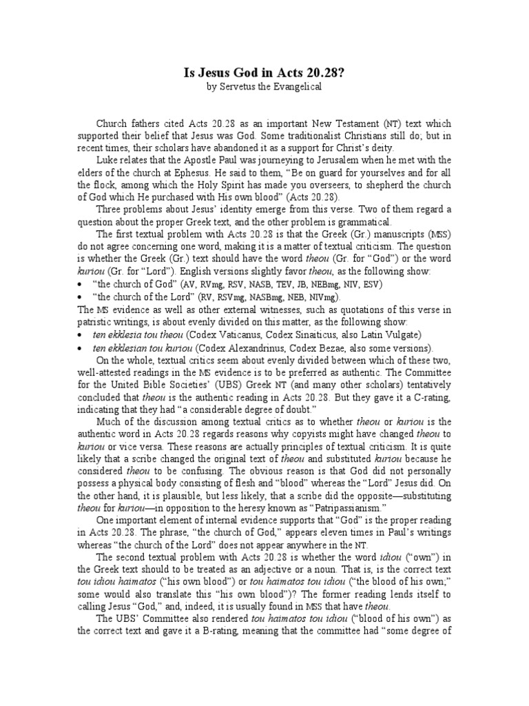 Analyzing Acts 20:28 on Jesus' Divinity | PDF | Acts Of The Apostles ...