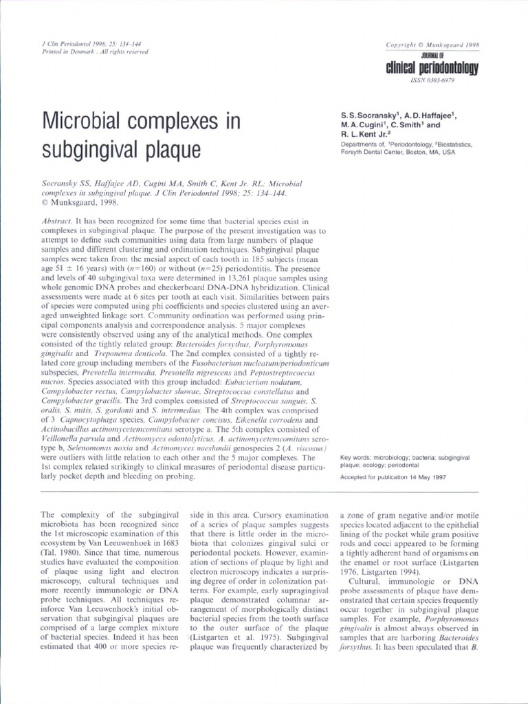 Socransky. Microbiol Complexes. | PDF | Bacteria | Periodontology