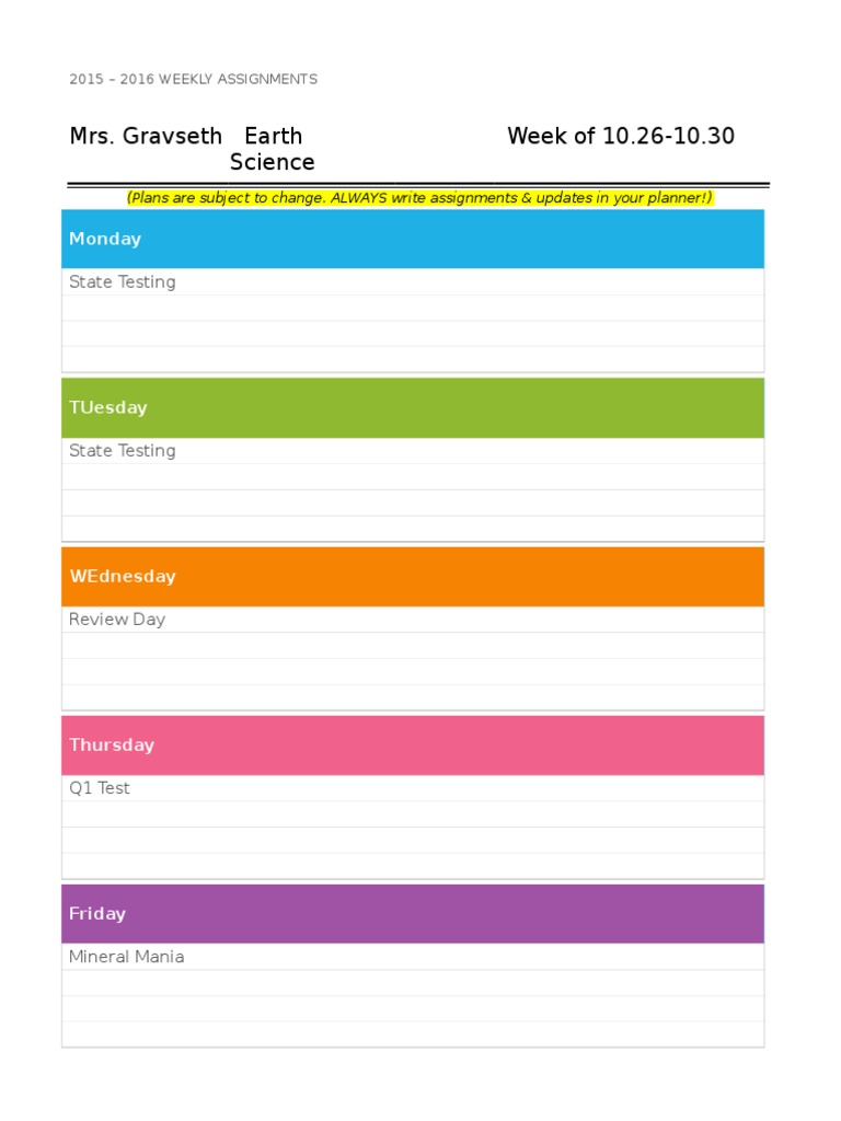 2015-2016 Earth Science Weekly Plan | PDF
