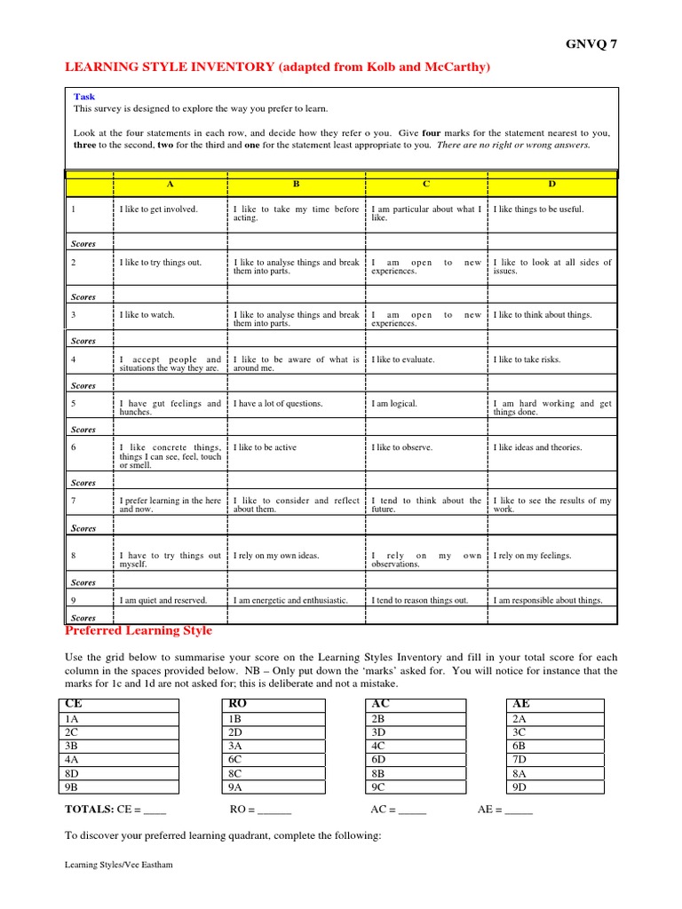 Kolb Learning Survey | PDF | Truth | Applied Psychology