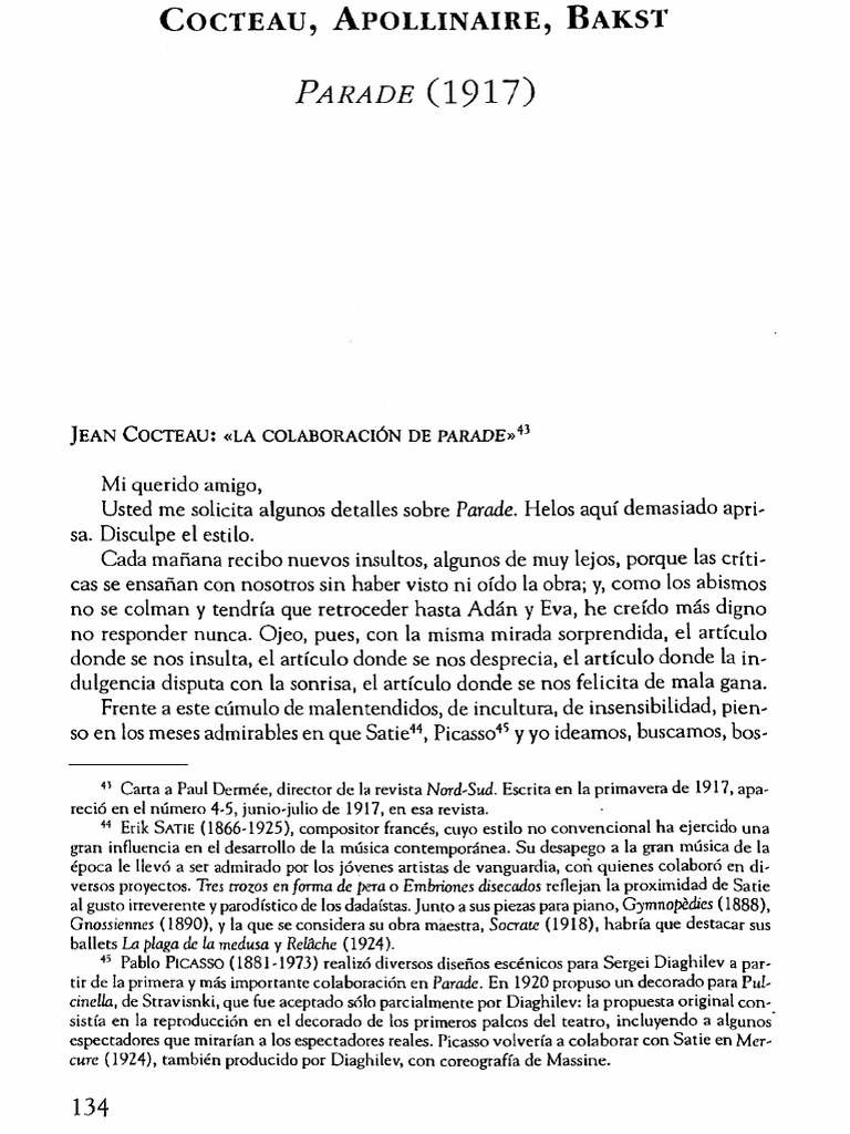 Cocteau, Apollinaire, Bakst - Parade 1917 | PDF | Artes (general)