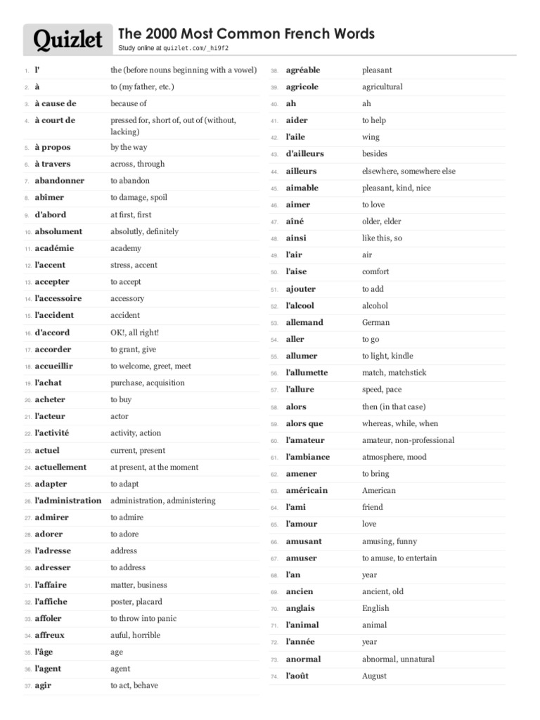 The 2000 Most Common French Words | PDF | Nature
