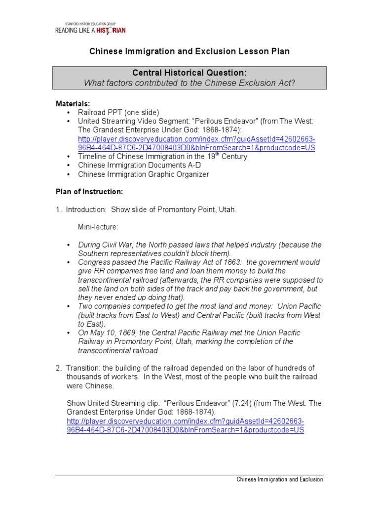 Chinese Immigration and Exclusion Lesson Plan | PDF