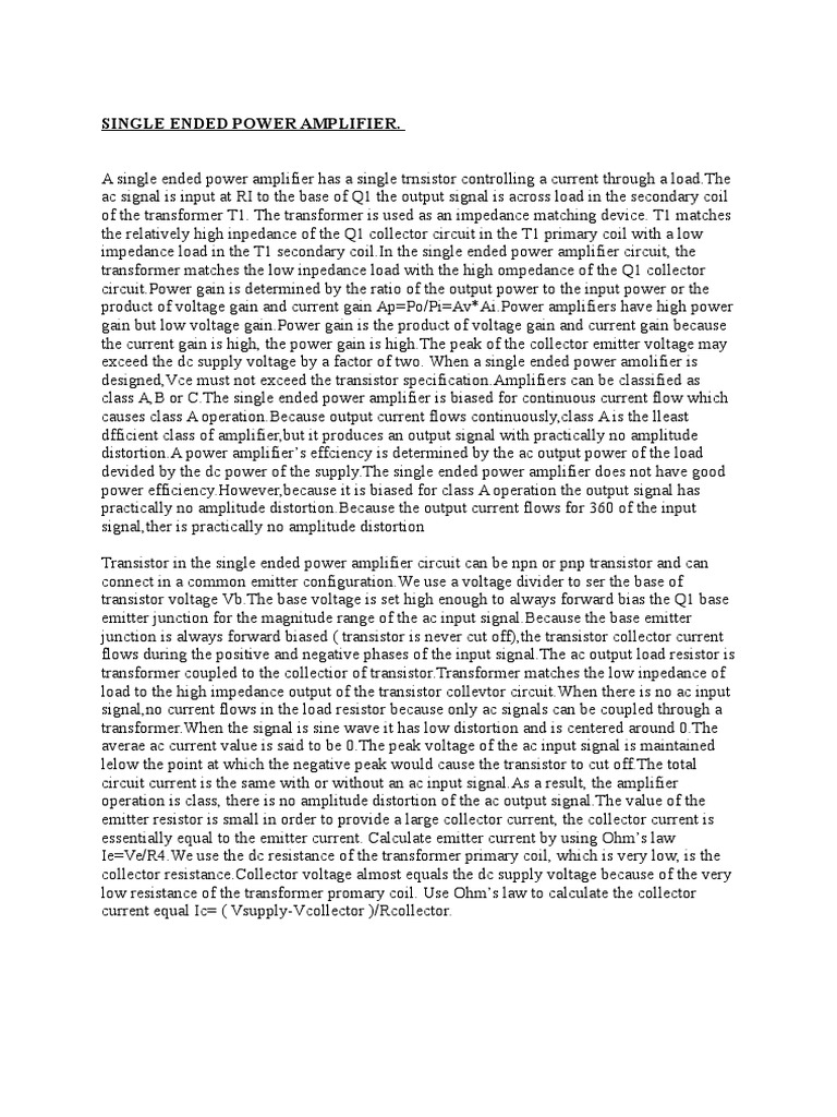 Single Ended Power Amplifier | PDF | Amplifier | Bipolar Junction ...