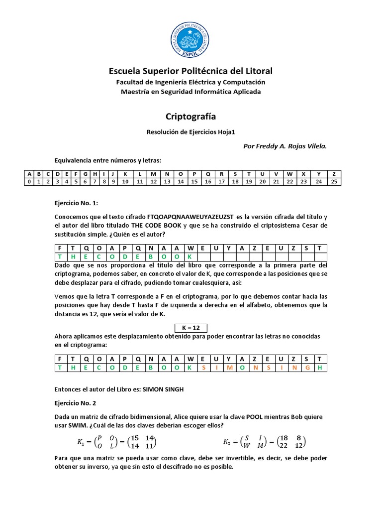 Ejercicios de Criptografía en Seguridad Informática | PDF | Criptografía | Matriz (Matemáticas)