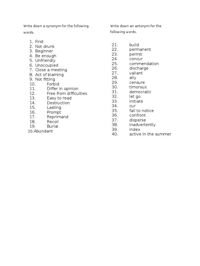 Write Down A Synonym For The Following Words Write Down An Antonym For ...