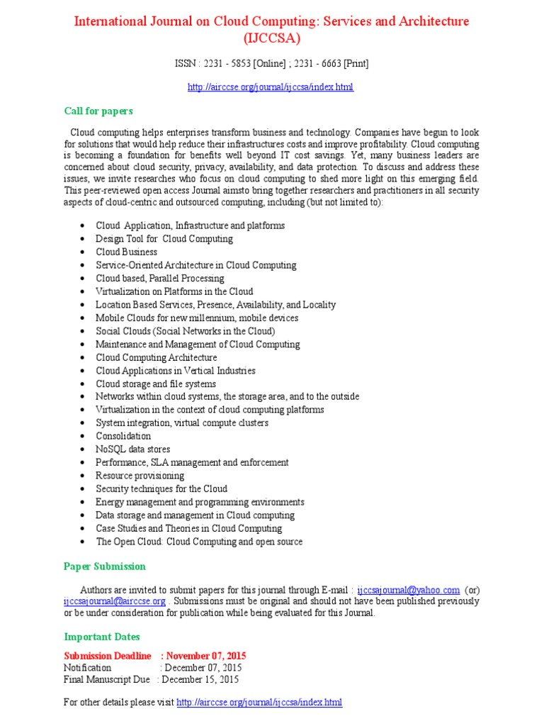 Call for Papers: Cloud Computing Journal | PDF | Computers | Technology ...