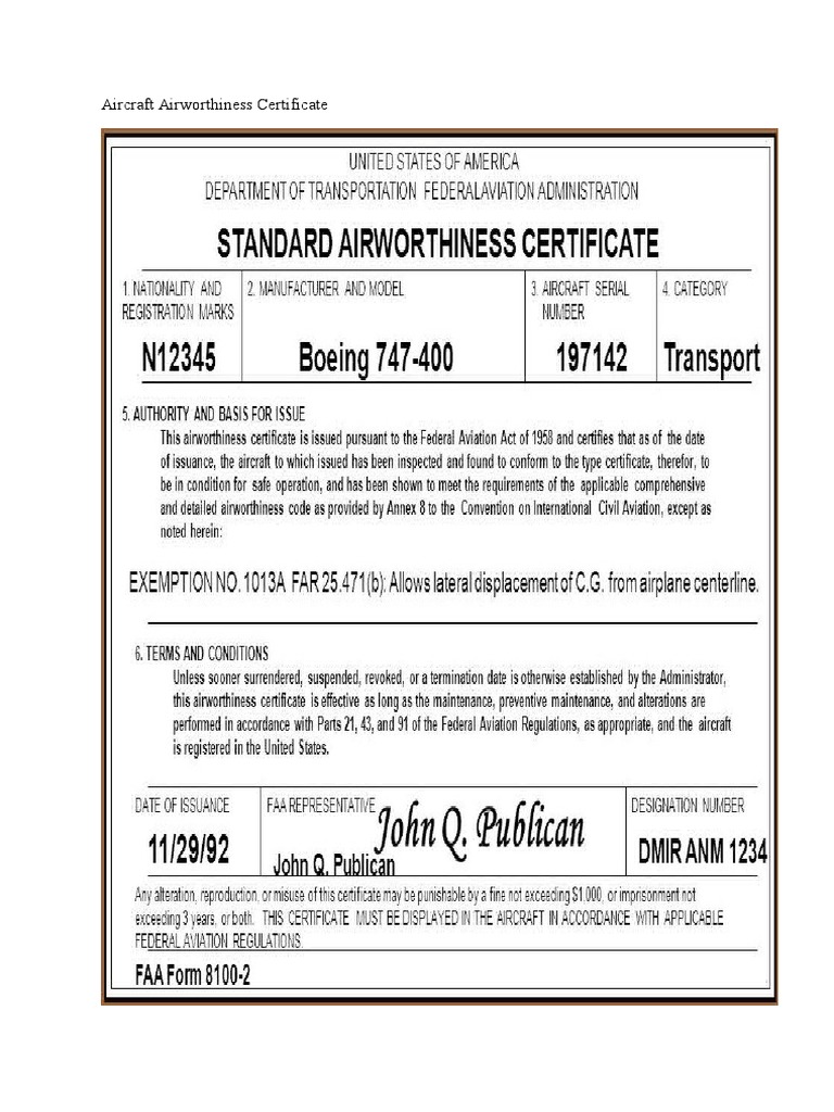 Aircraft Airworthiness Certificate | PDF