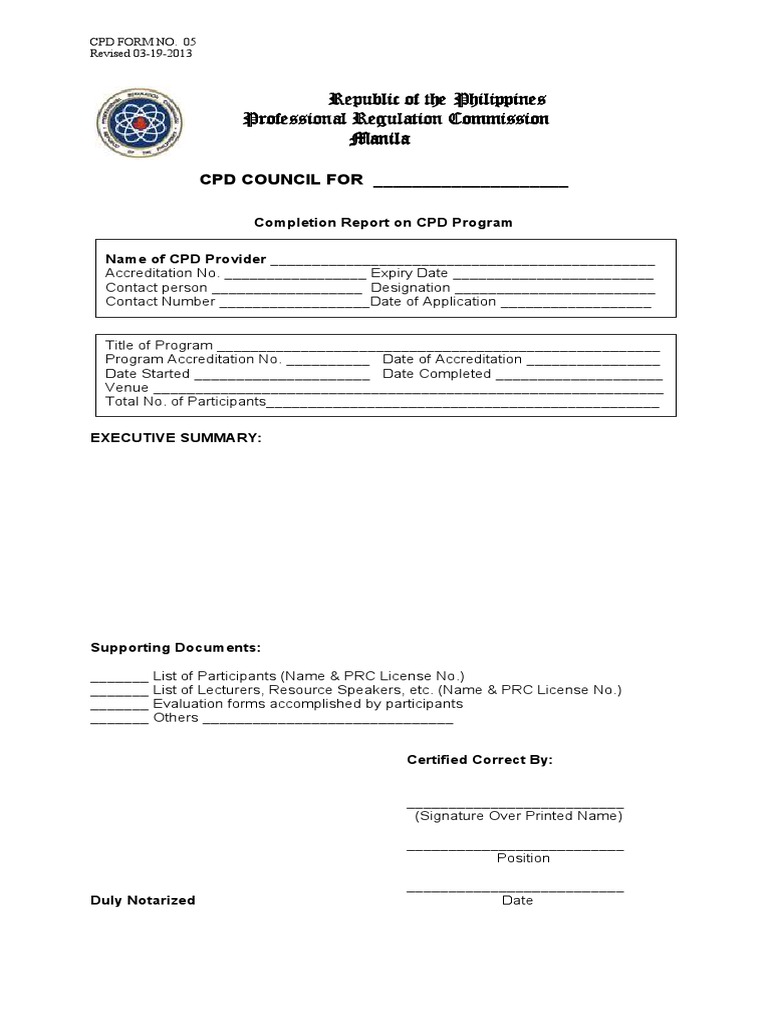 CPDFormNo05 - Completion Report On CPD Program | PDF