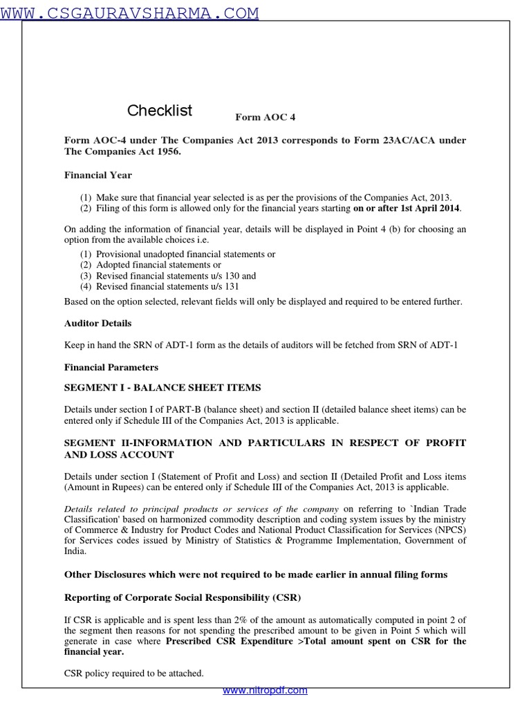 Checklist of Eform AOC Under Companies Act 2013 | PDF | Income ...