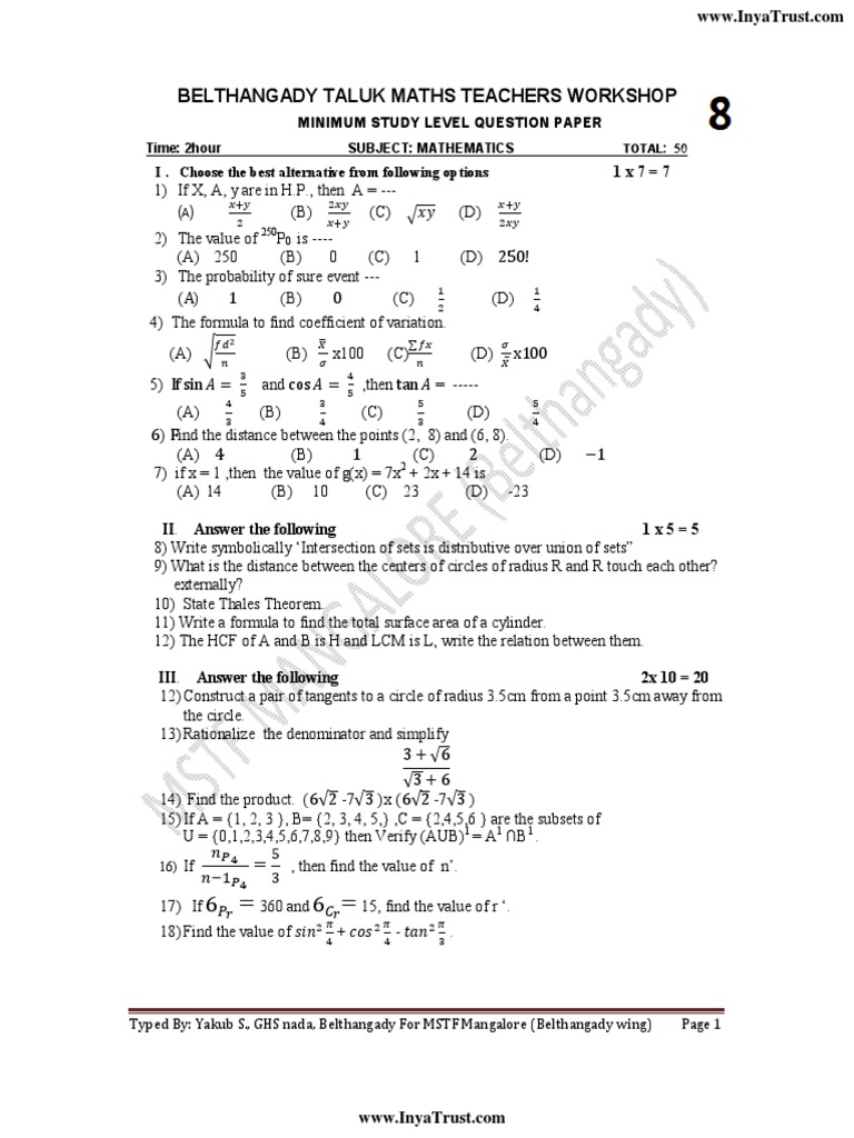 Belthangady Taluk Maths Workshop Paper | PDF