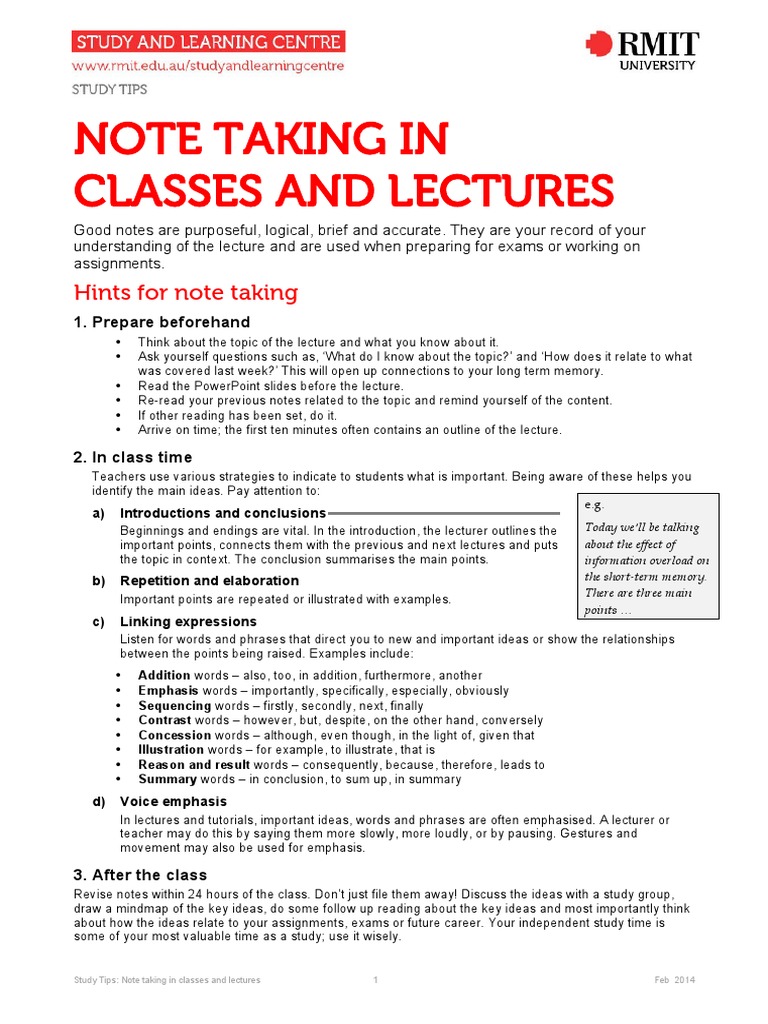 RMIT, Note Taking For Lectures | PDF | Long Term Memory | Lecture