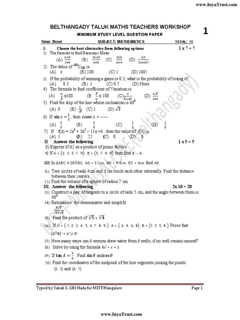 Belthangady Taluk Maths Teachers Workshop Minimum Study Level Question ...