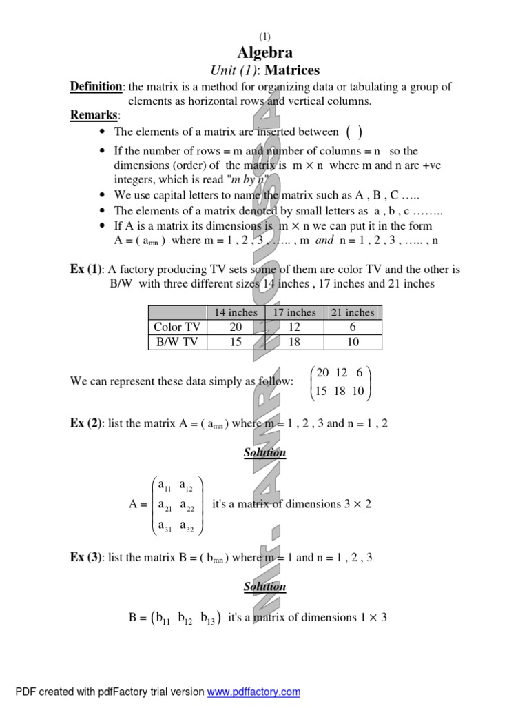 Algebra: Unit (1) : Matrices | PDF | Matrix (Mathematics) | Matrix Theory