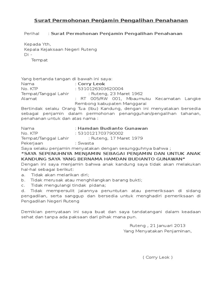 Surat Permohonan Penjaminan Pengalihan Penahanan | PDF