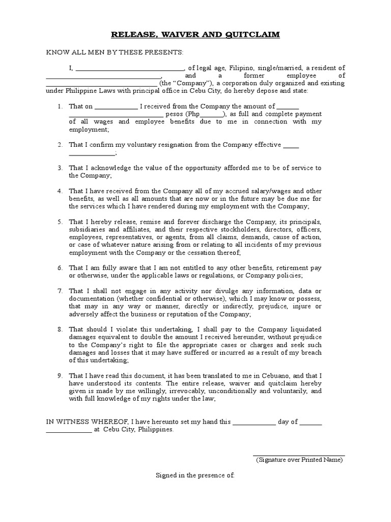 Release Waiver and Quitclaim | Employment | Virtue