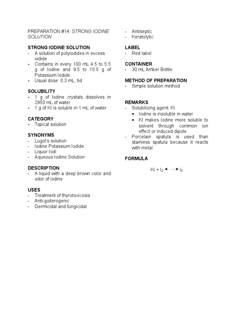 (PHAR 3 LAB) Preparation #14 - Strong Iodine Solution | PDF | Iodine ...