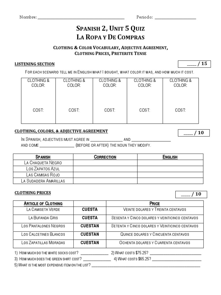 Unit 5 Quiz - La Ropa y de Compras (Spanish 2) | Download Free PDF ...