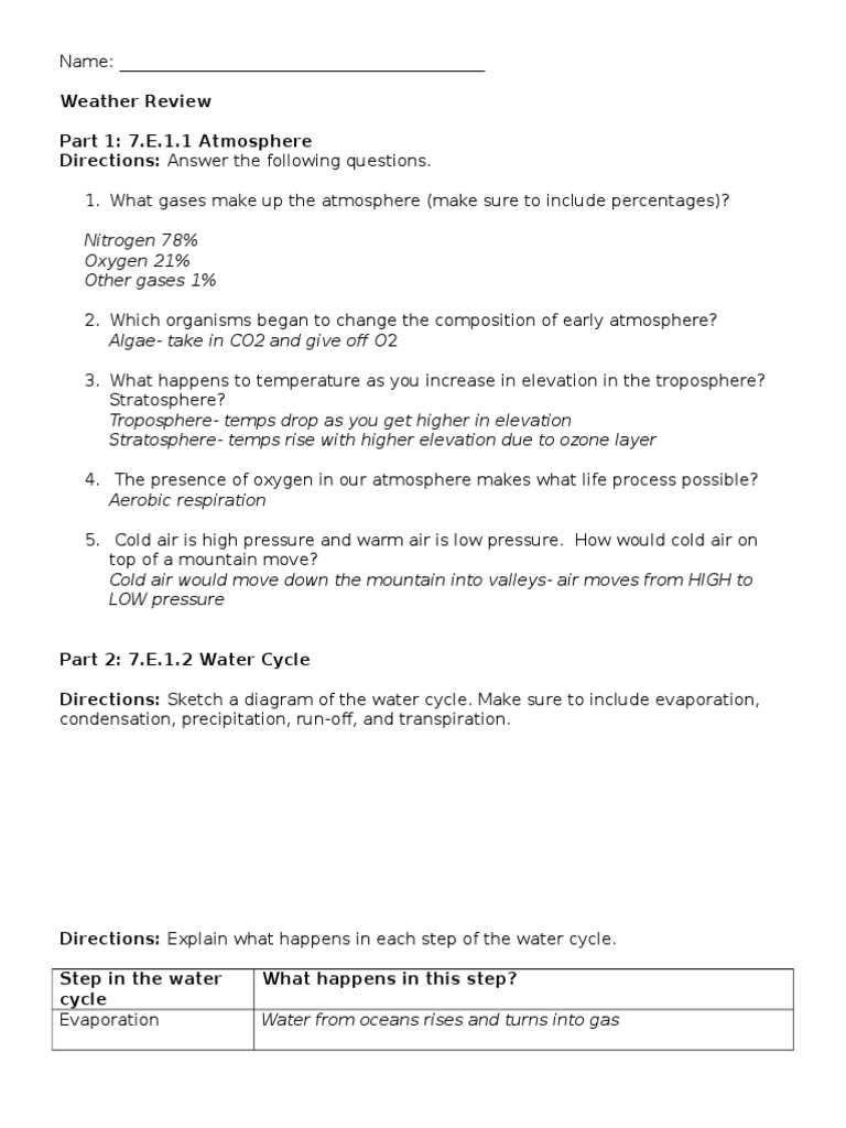 Weather Unit Review Sheet With Answers | PDF | Weather | Atmosphere Of ...