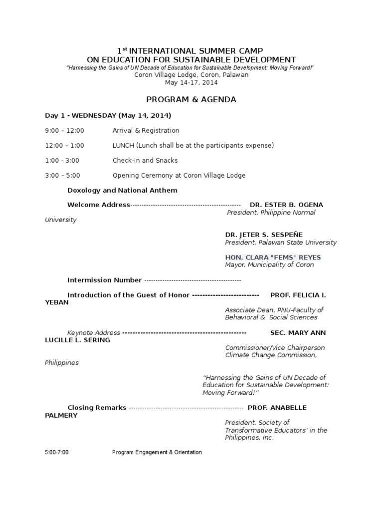 Summer Camp Tentative Program | PDF | Sustainable Development ...