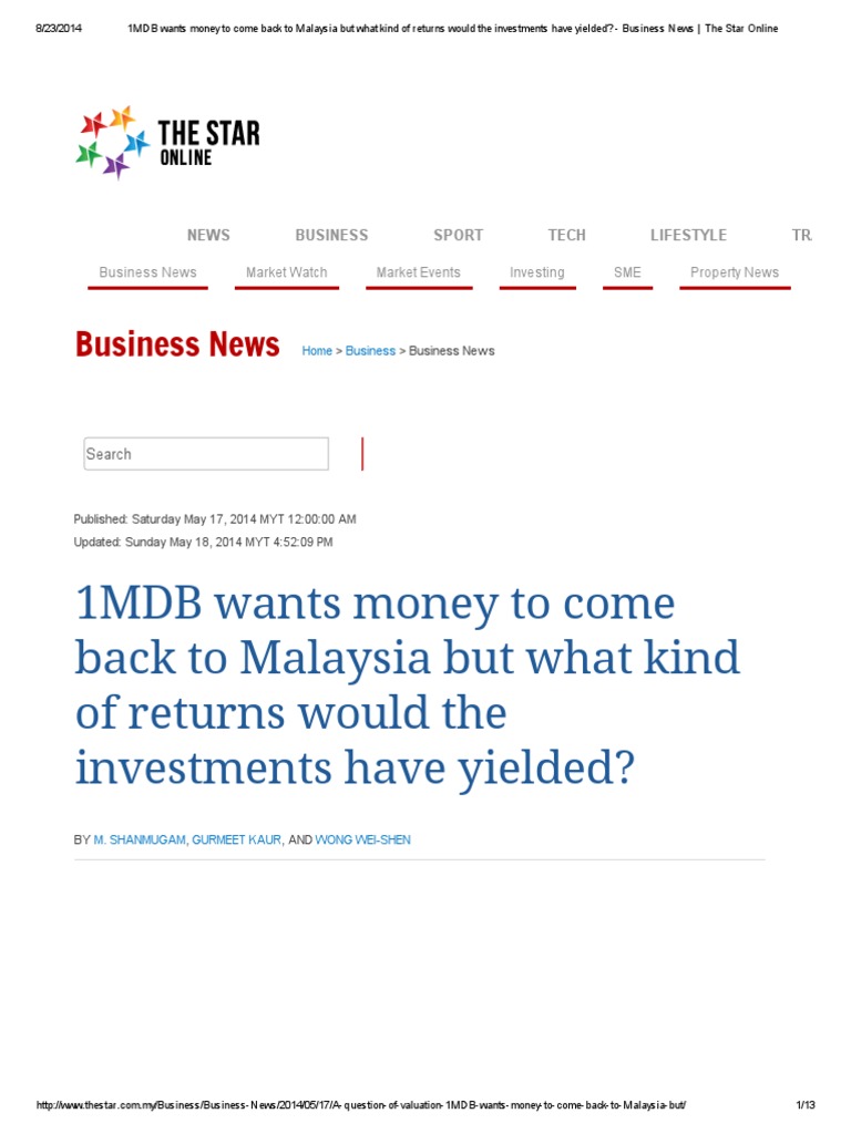 1MDB Wants Money To Come Back To Malaysia But What Kind of Returns Would The Investments Have ...
