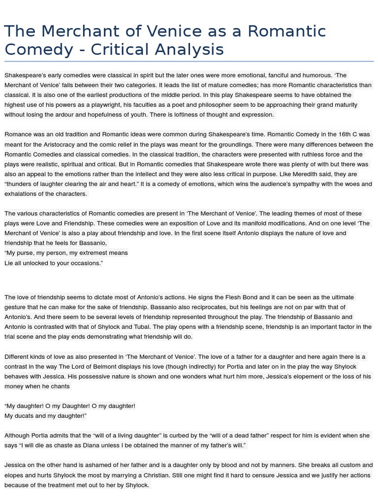 The Merchant of Venice As A Romantic Comedy | PDF | The Merchant Of Venice