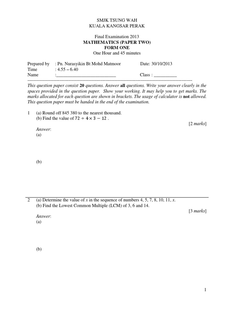 Form One Mathematics Exam Paper 2013 | PDF