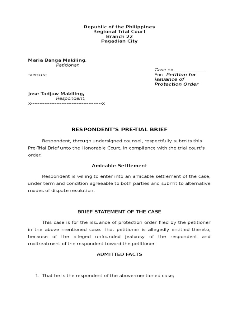 Respondent's Pre-Trial Brief for Protection Order | PDF | Brief (Law ...