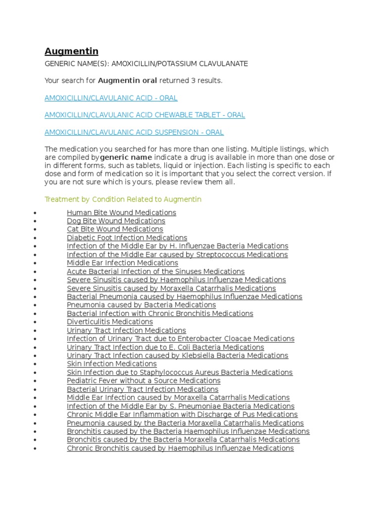 Augmentin: Generic Name (S) : Amoxicillin/Potassium Clavulanate | PDF ...