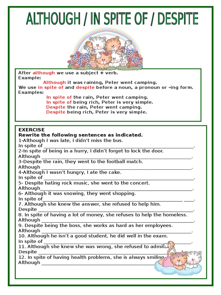 Exercises on Although and Despite Usage | PDF