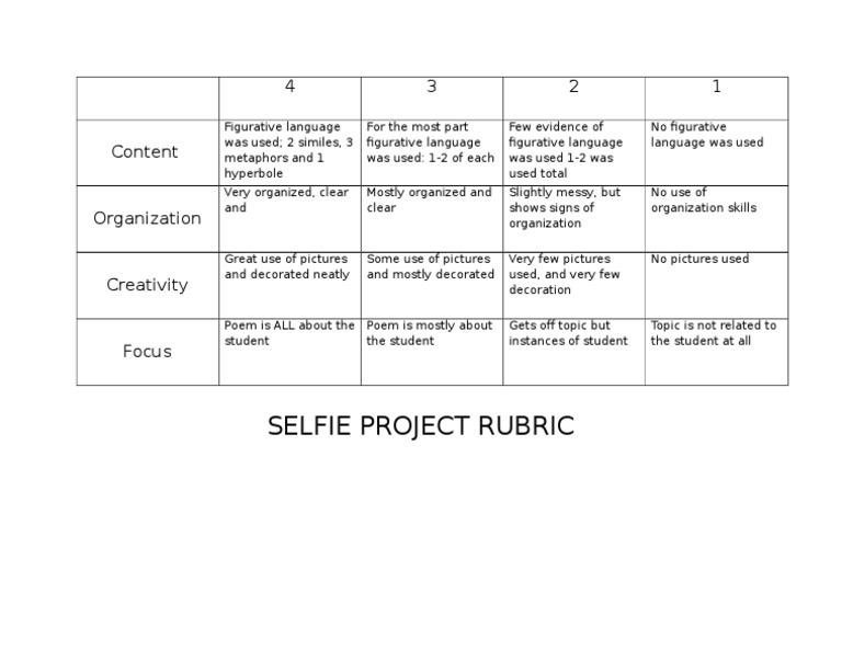 Selfie Project Rubric: Evaluation Criteria | PDF | Career & Growth ...