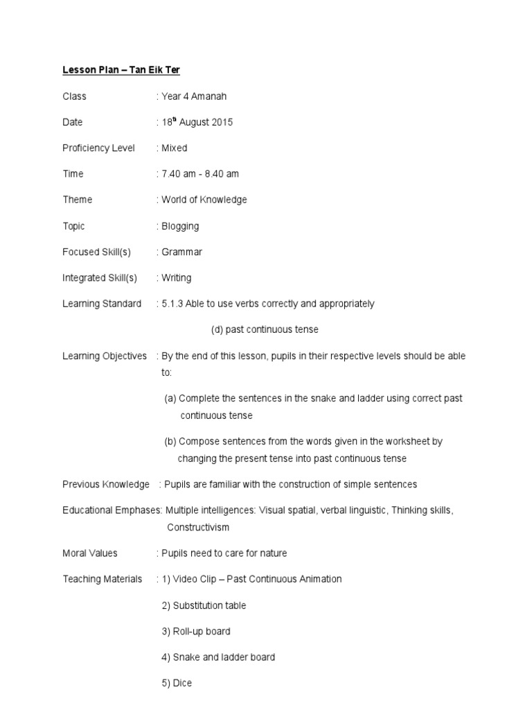 Lesson Plan - Tan Eik Ter | PDF | Lesson Plan | Grammatical Tense
