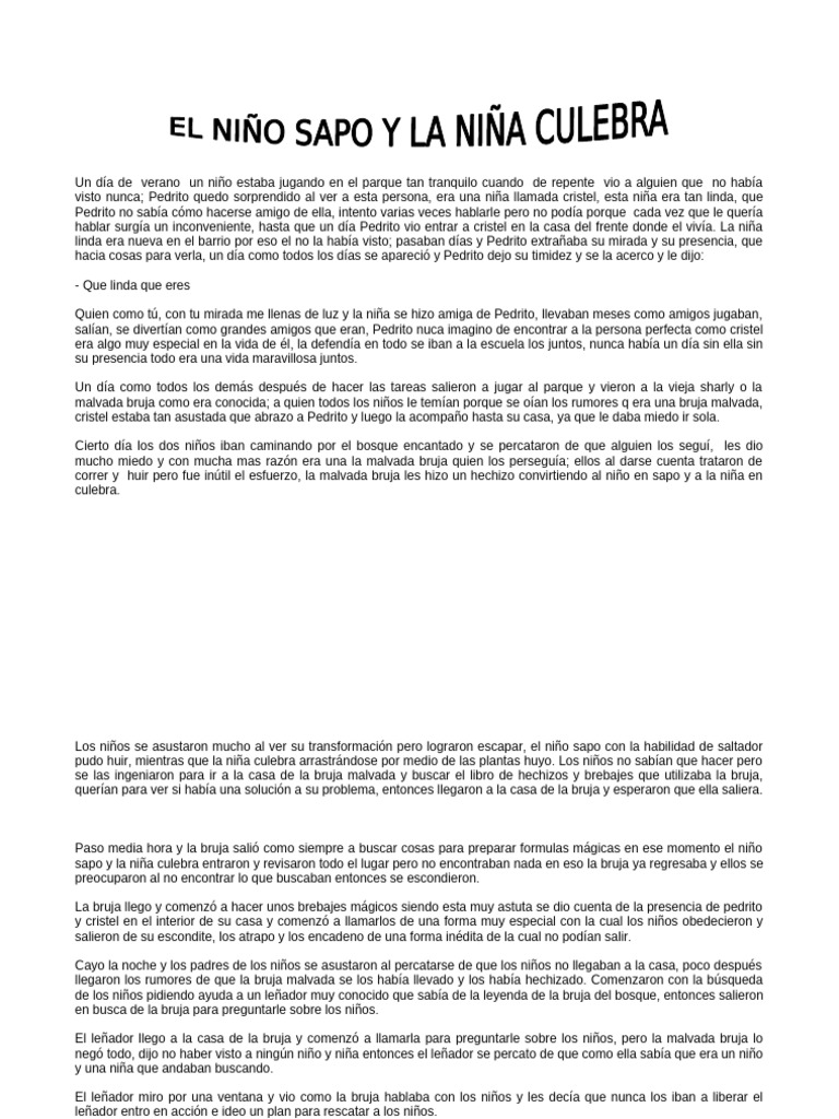 Cuento El Niño Sapo y La Niña Culebra | PDF | Ocio | Entretenimiento (general)