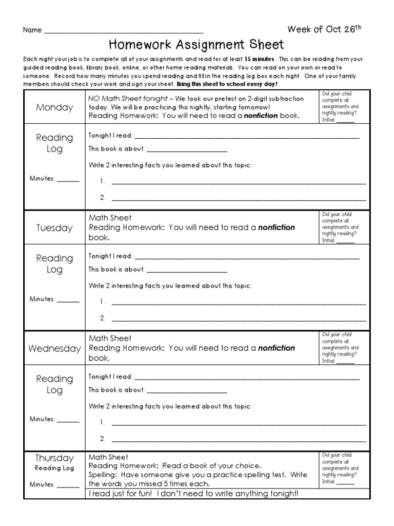 Weekly Homework Assignment Sheet | PDF | Self-Improvement
