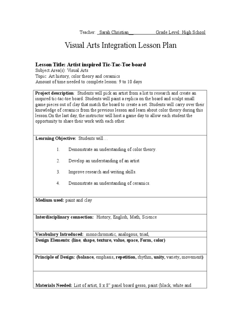 Tic-Tac-Toe Board Art Lesson Plan | PDF | Paintings | Lesson Plan