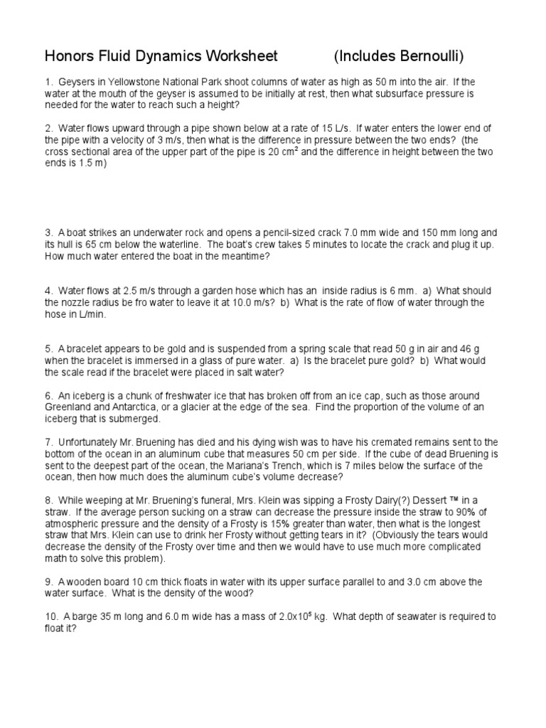 Honors Fluid Dynamics Worksheet | PDF | Buoyancy | Pressure