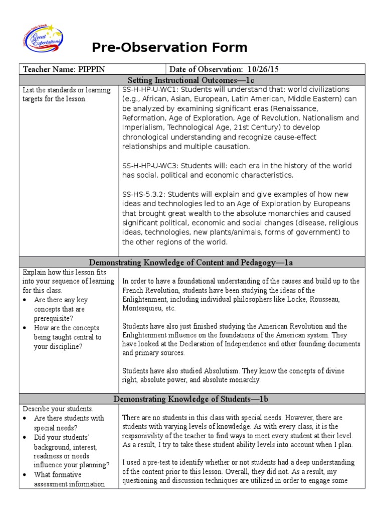 Pre Observation Form 10 26 15 | PDF | Age Of Enlightenment ...