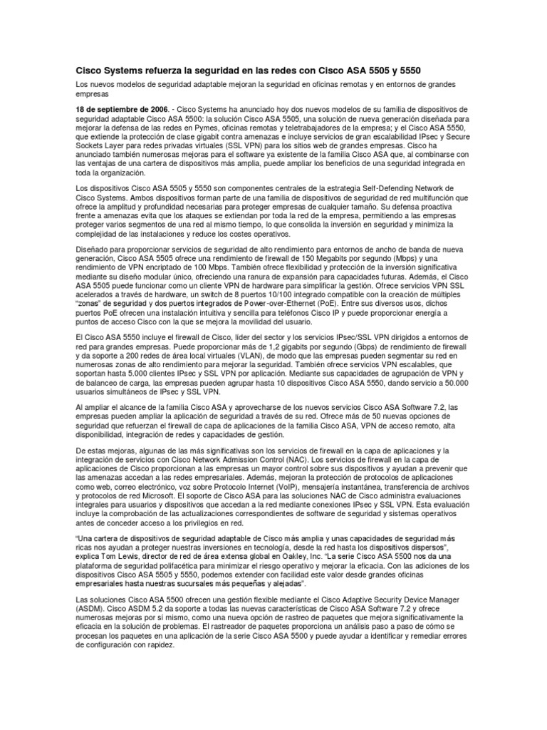 Cisco Systems Cisco ASA 5505 y 5550 | PDF | Red privada virtual ...