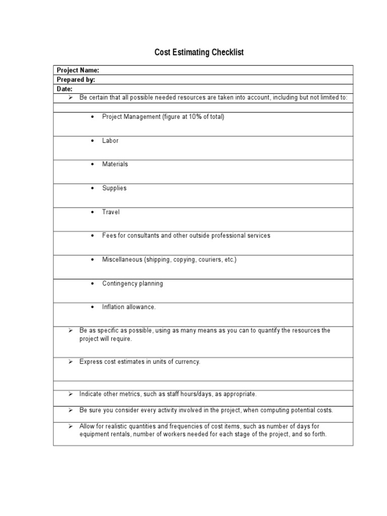Cost Estimating Checklist: Project Name: Prepared By: Date | PDF