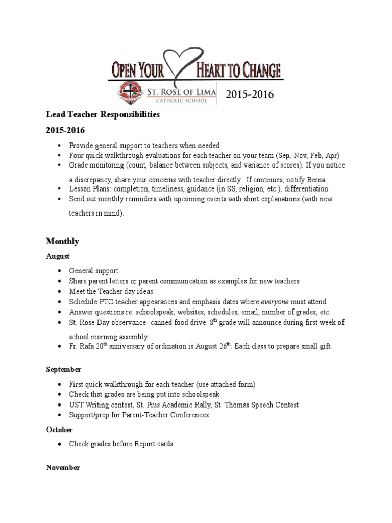 Lead Teacher Duties and Monthly Tasks | PDF