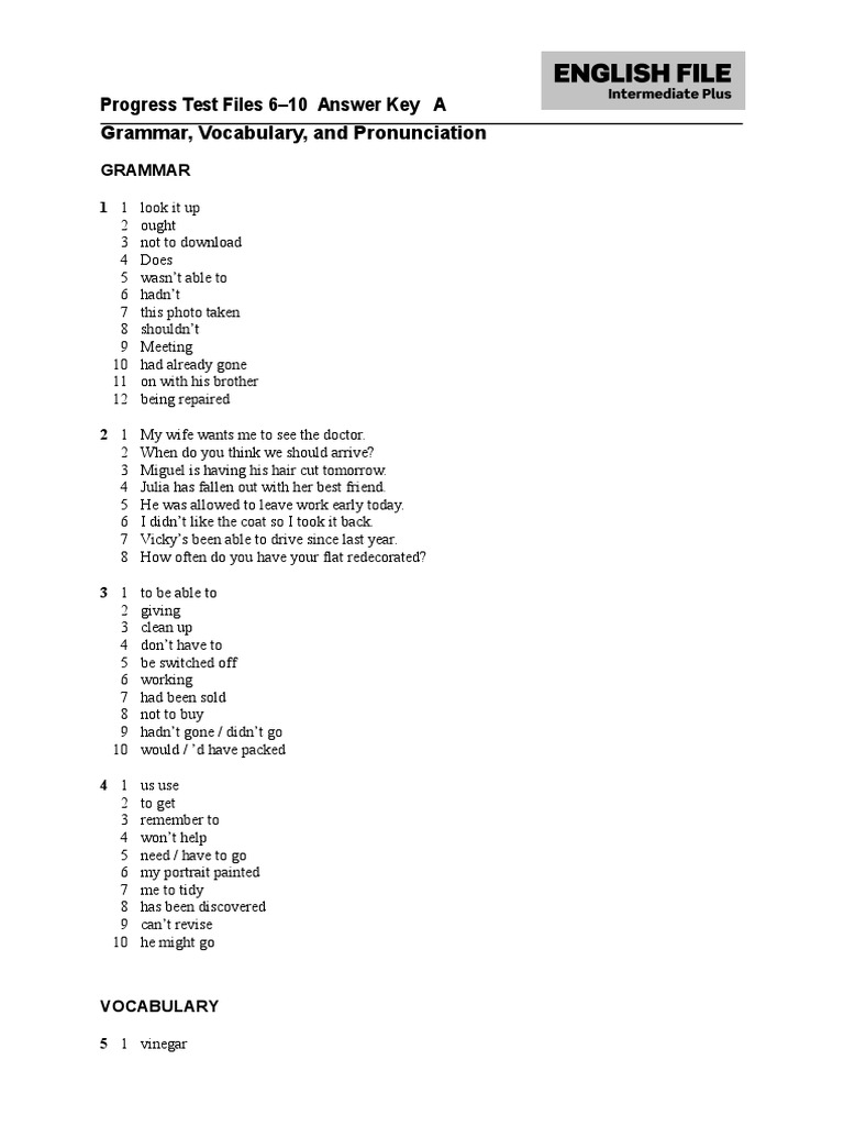 Progress Test Files 6-10 Answer Key A Grammar, Vocabulary, and ...