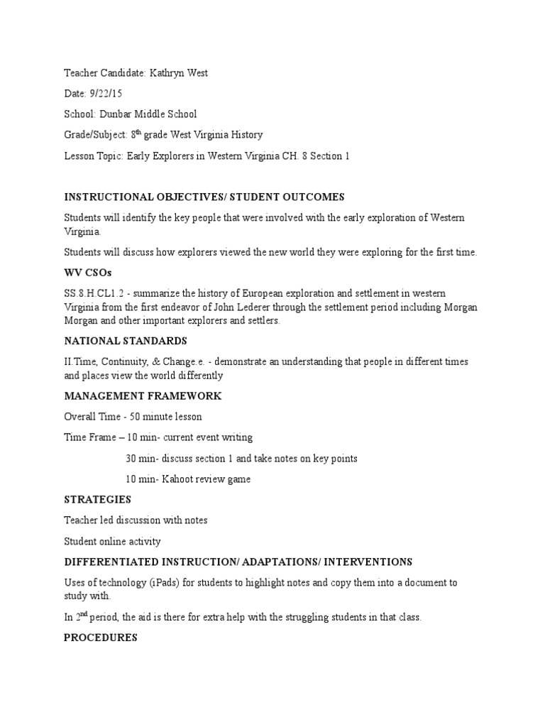 Lesson Plan 1 - Early Explorers in Western Virginia | PDF | Classroom ...