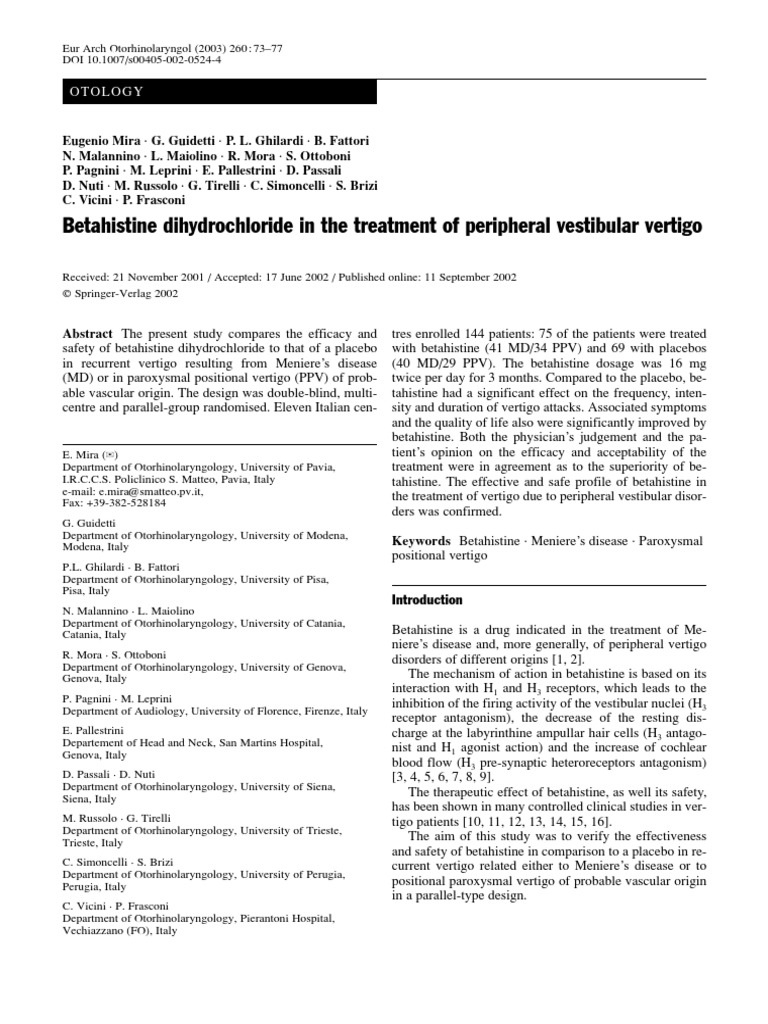 Betahistine Dihydrochloride in The Treatment of Peripheral Vestibular ...