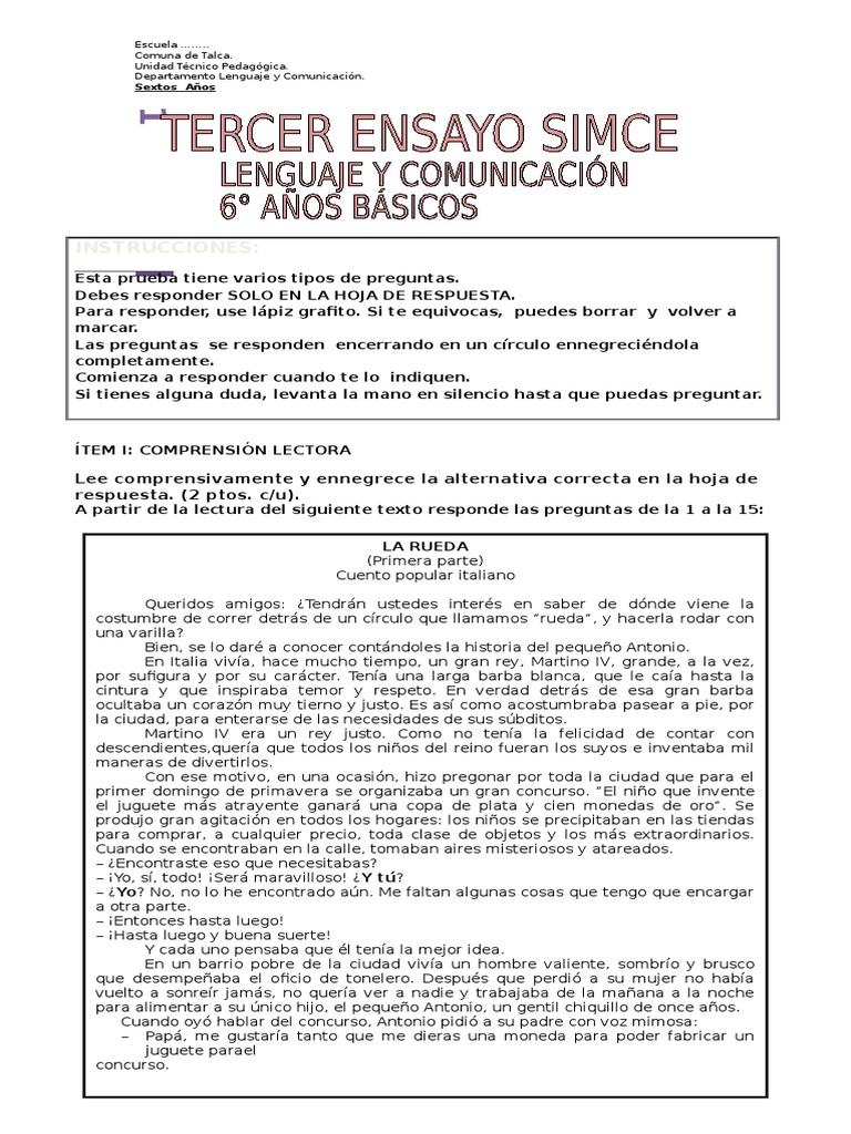 Lenguaje 6to, Ensayo Simce III-1 | PDF | Adjetivo | Morfología Lingüística Lenguaje 6to, Ensayo Simce III-1 | PDF | Adjetivo | Morfología Lingüística